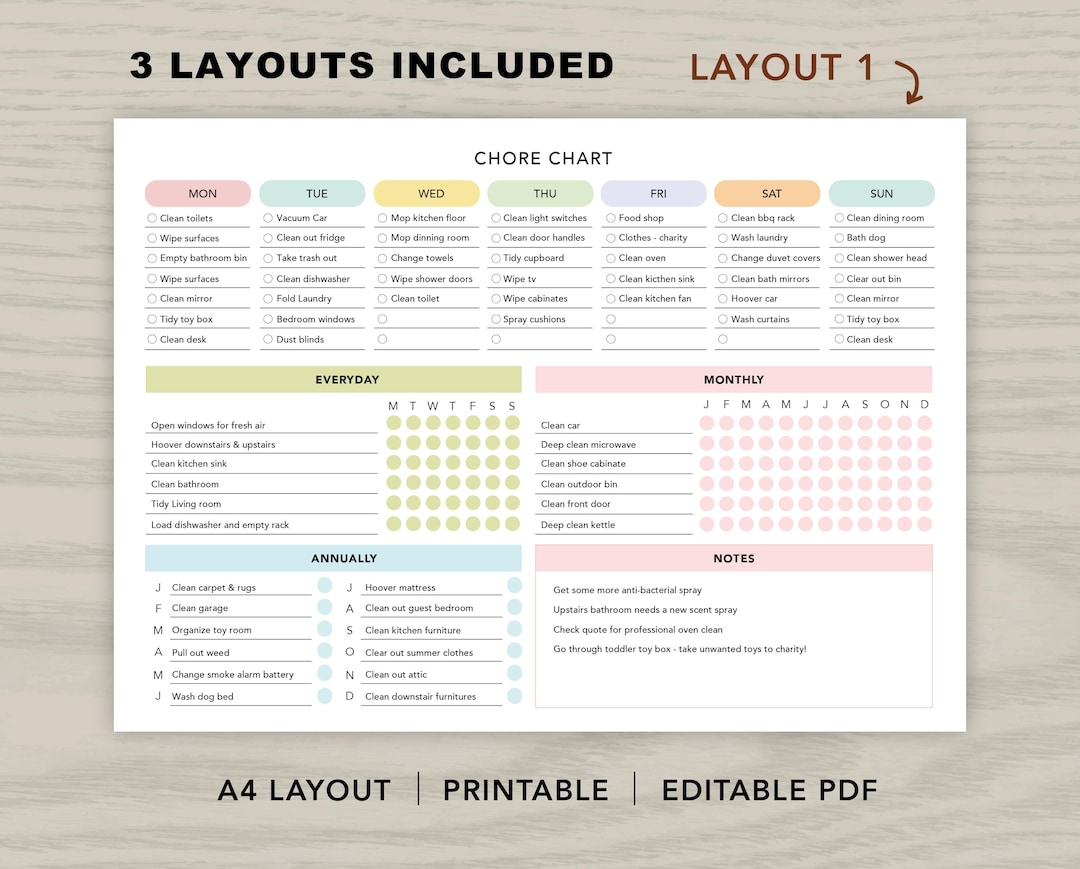 Editable Cleaning Chore Chart Printable | Weekly Monthly Cleaning ...