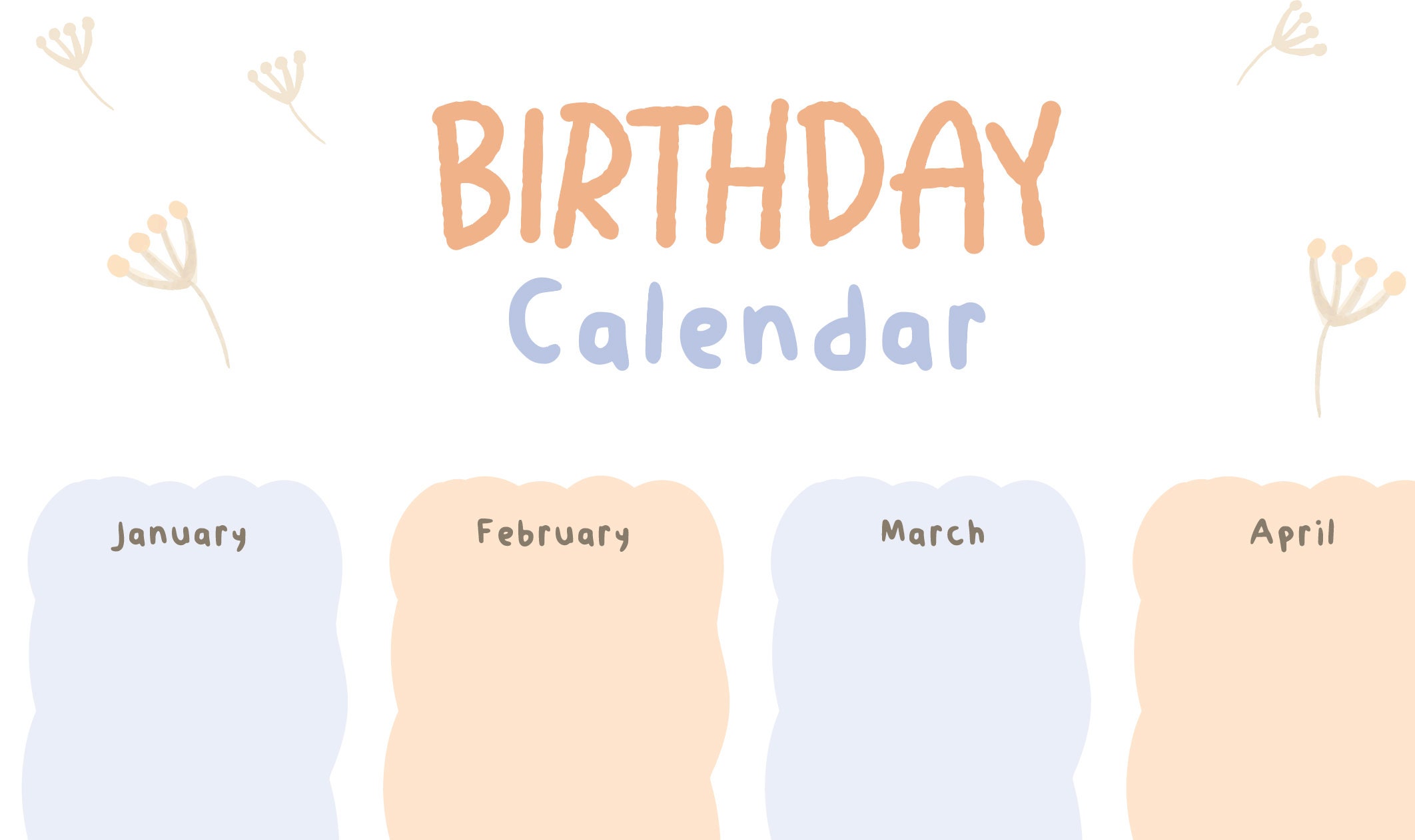 Printable Birthday Calendar, Instant Download, Organise, Lifestyle ...