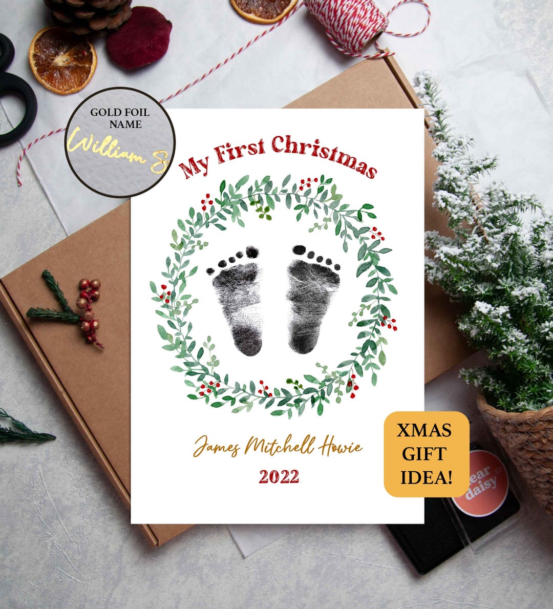 2023 Gold Foil Name My First Christmas Print Footprint Kit - Etsy UK