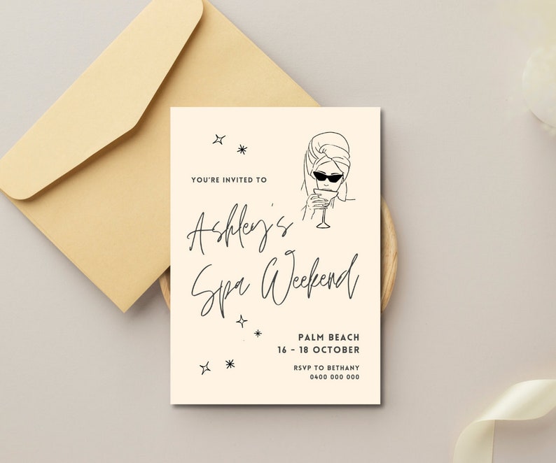 SPA Weekend Bachelorette Hens Invitation Handrawn Digital Editable File ...