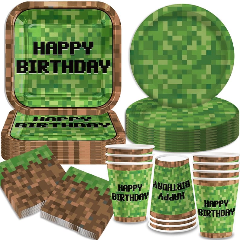 50pcs Pixel Themed Disposable Party Tableware Set Includes Paper Plates ...