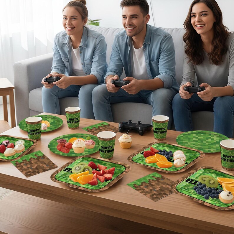 50pcs Pixel Themed Disposable Party Tableware Set Includes Paper Plates ...