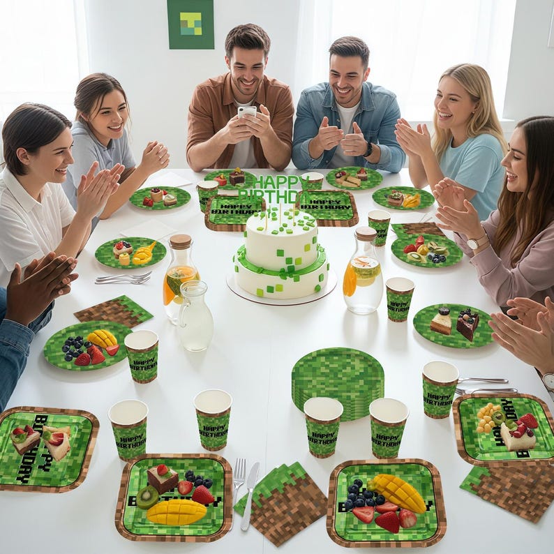 50pcs Pixel Themed Disposable Party Tableware Set Includes Paper Plates ...