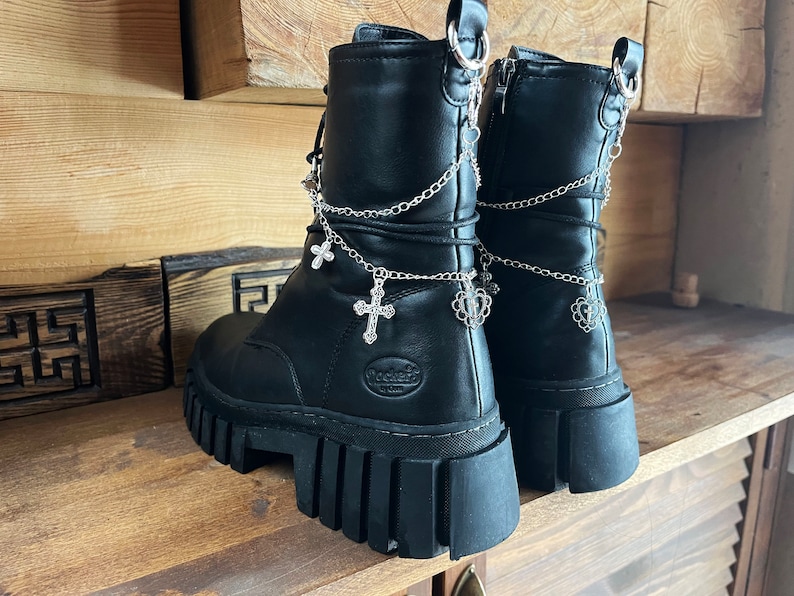 Combat Boots Chain Charms Cross, Barbed Wire Heart Set Goth Boot ...