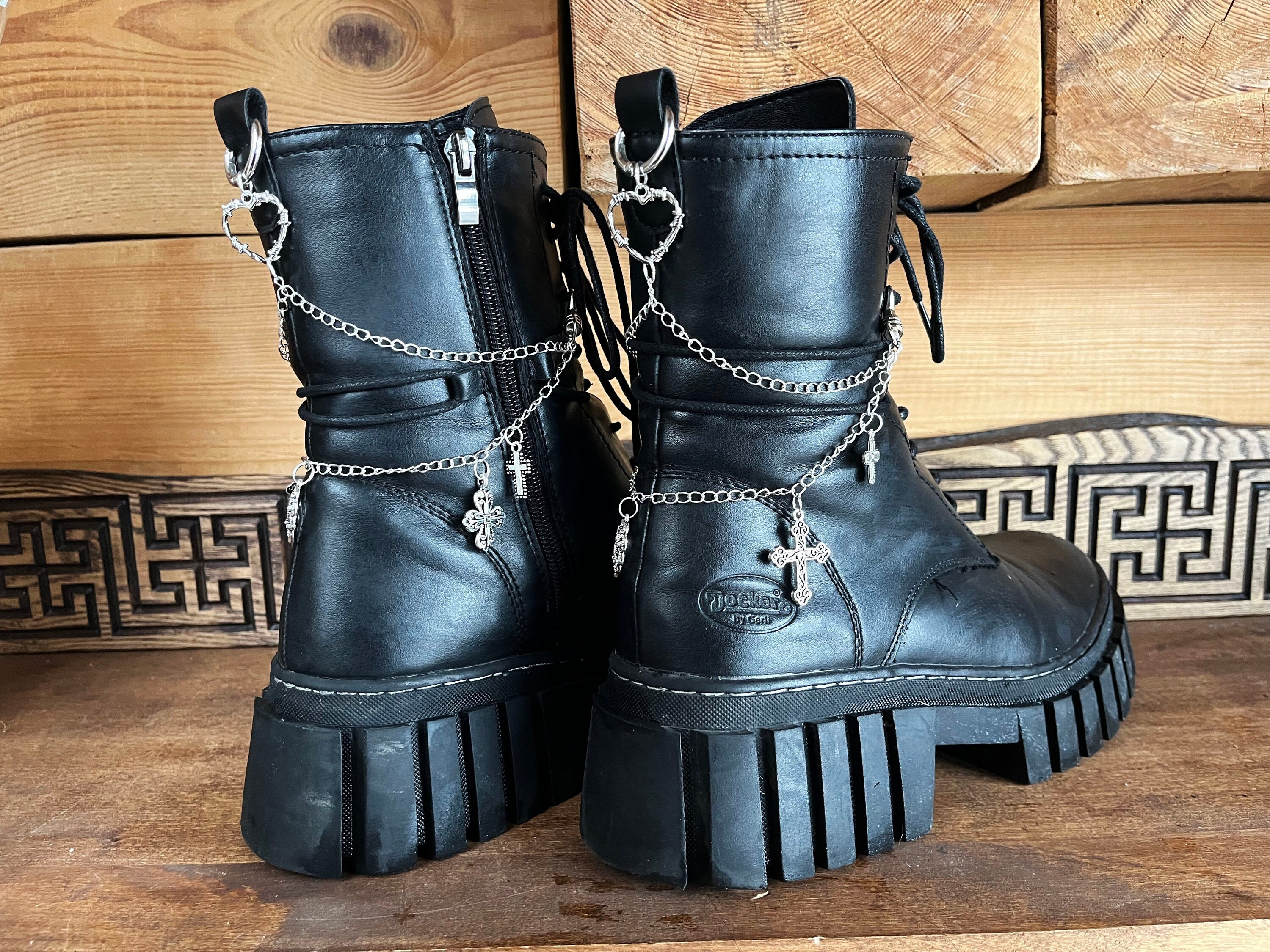 Combat Boots Chain Charms Cross, Barbed Wire Heart Set Goth Boot ...