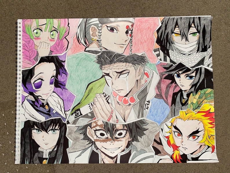 Hand Drawn Demon Slayer 9 Hashira Drawing With Colored Pencil - Etsy