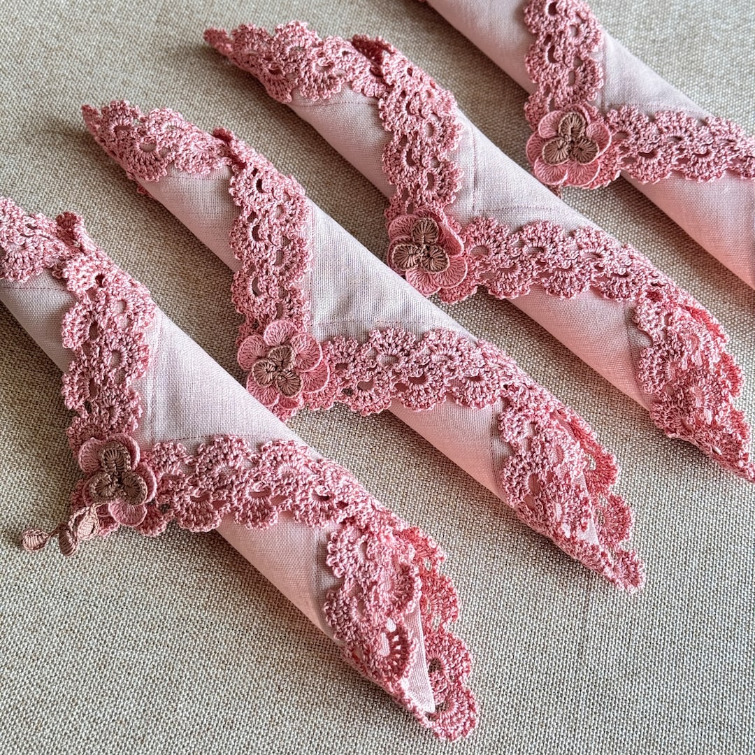 Linen Napkins With Handmade Crochet Lace - Set of 4 Pcs - Etsy