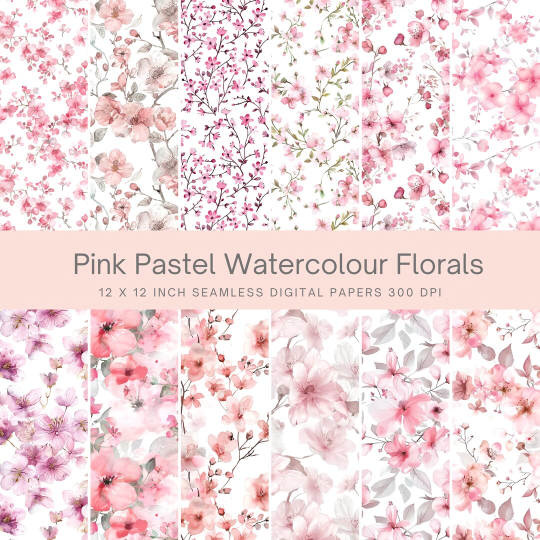Pink Pastel Watercolour Floral Digital Paper Set | 12x12 Inch Seamless ...
