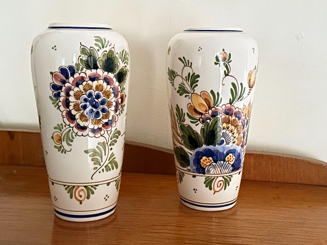 Pair of Delft Pottery De Delftse Pauw Polychrome Bud Vases Hand Painted ...