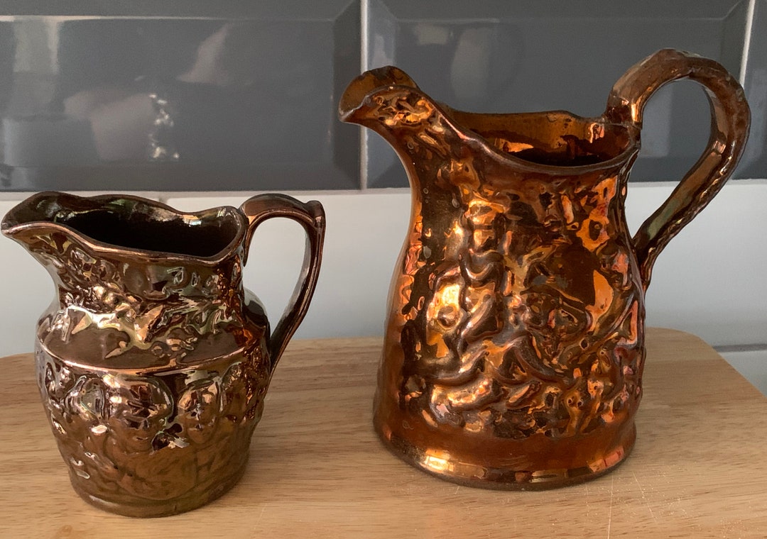 2 Antique Copper Embossed Lustreware Jugs - Etsy