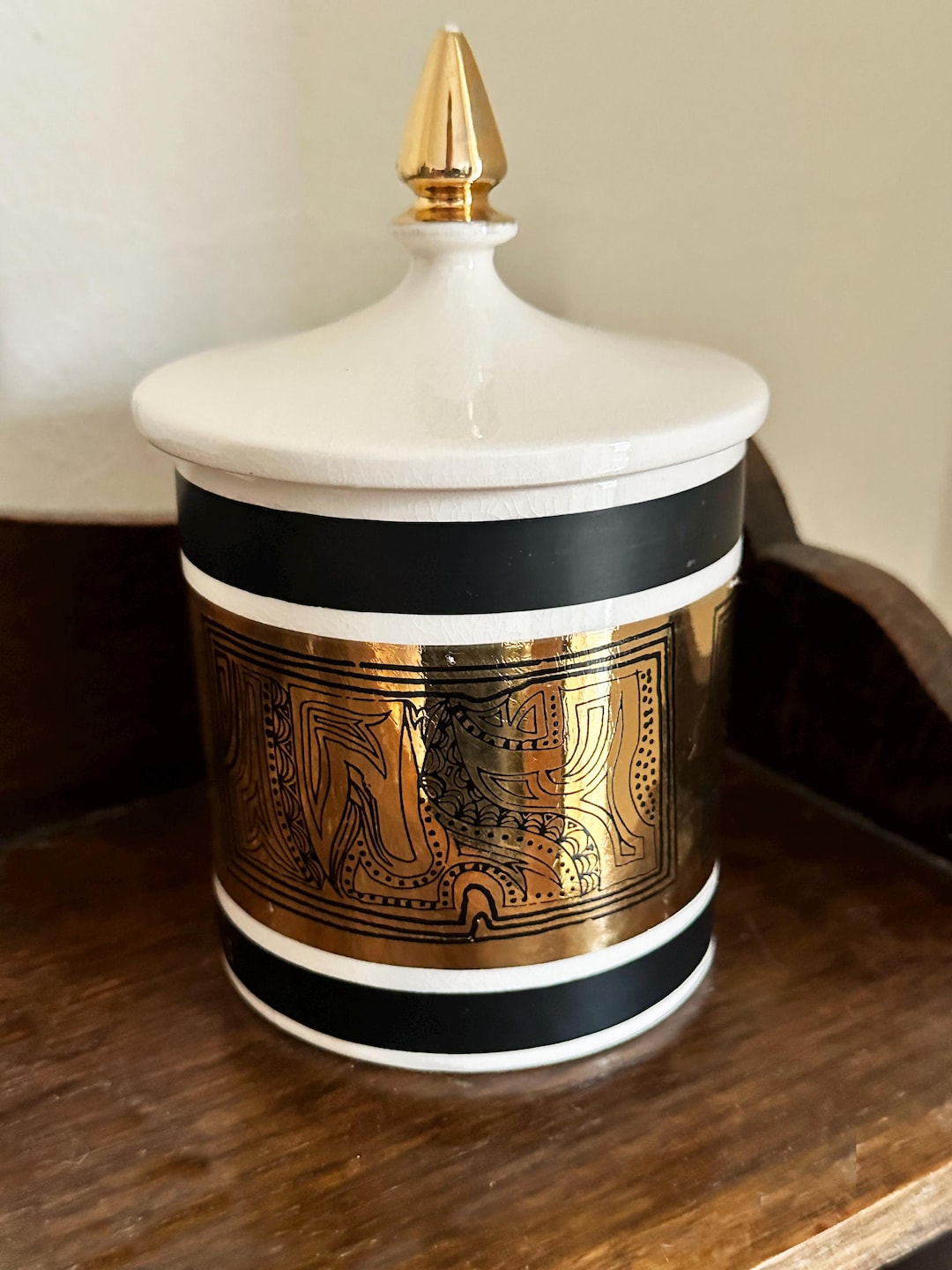 Wade Gold & Black Abstract Pattern Lidded Pot With Finial - Etsy