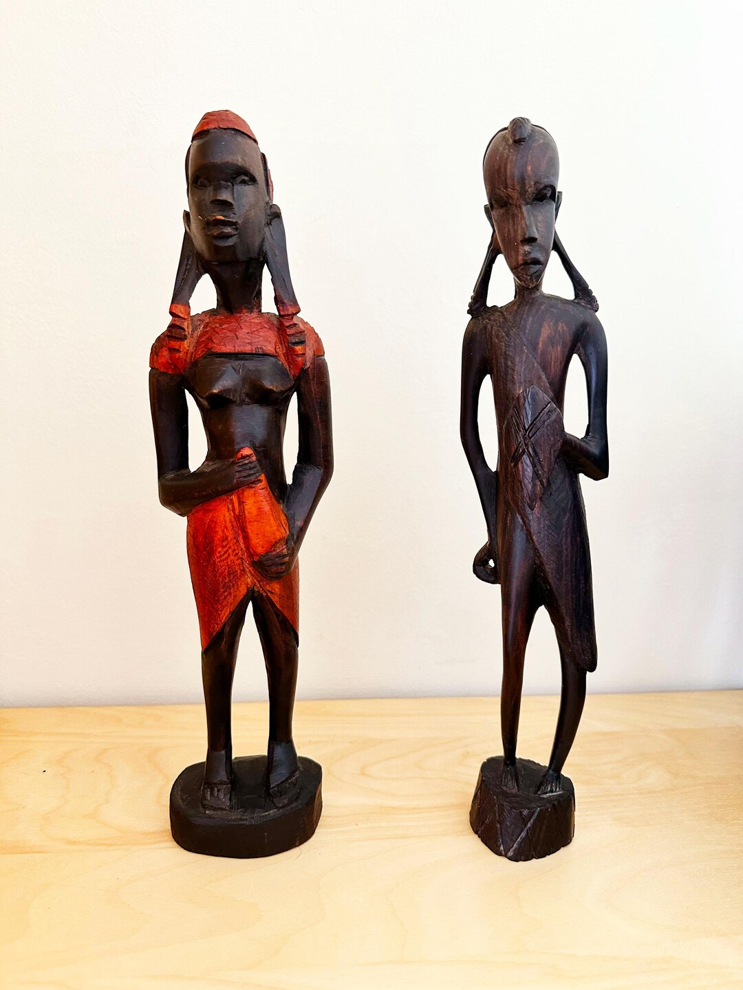 Hand-carved Masai Warrior & Woman Figurines – Vintage Kenyan Solid Wood ...
