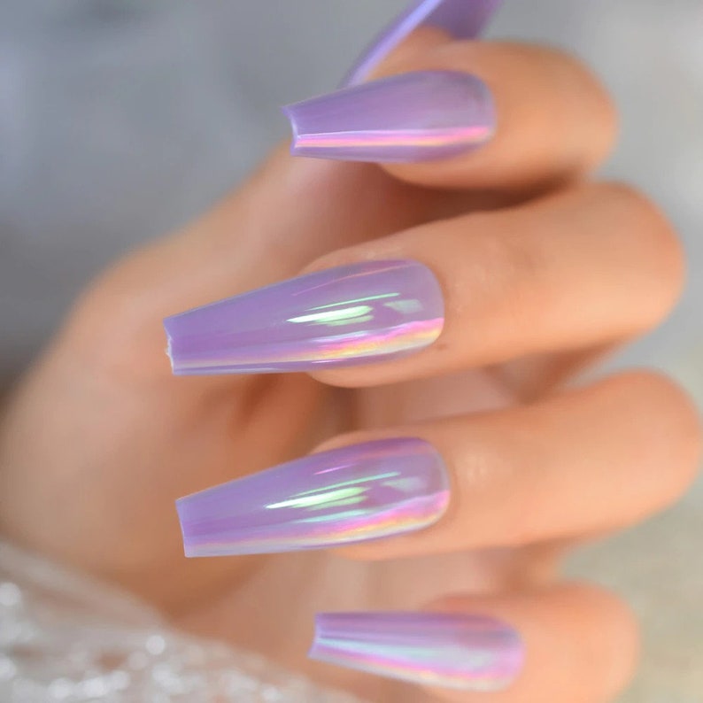 Chrome Lavender Coffin Nails | Etsy