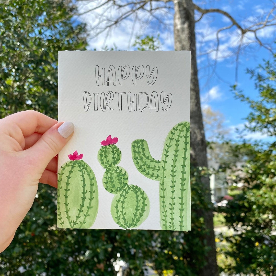 Cactus Happy Birthday Card- Homemade Watercolor Card- Plant Birthday ...