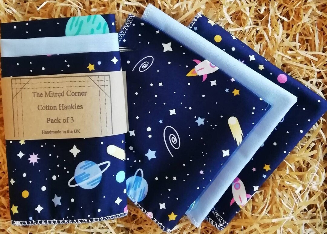 Handkerchiefs Hankies Handmade Cotton Set of 3 Space, Comets, Rockets ...