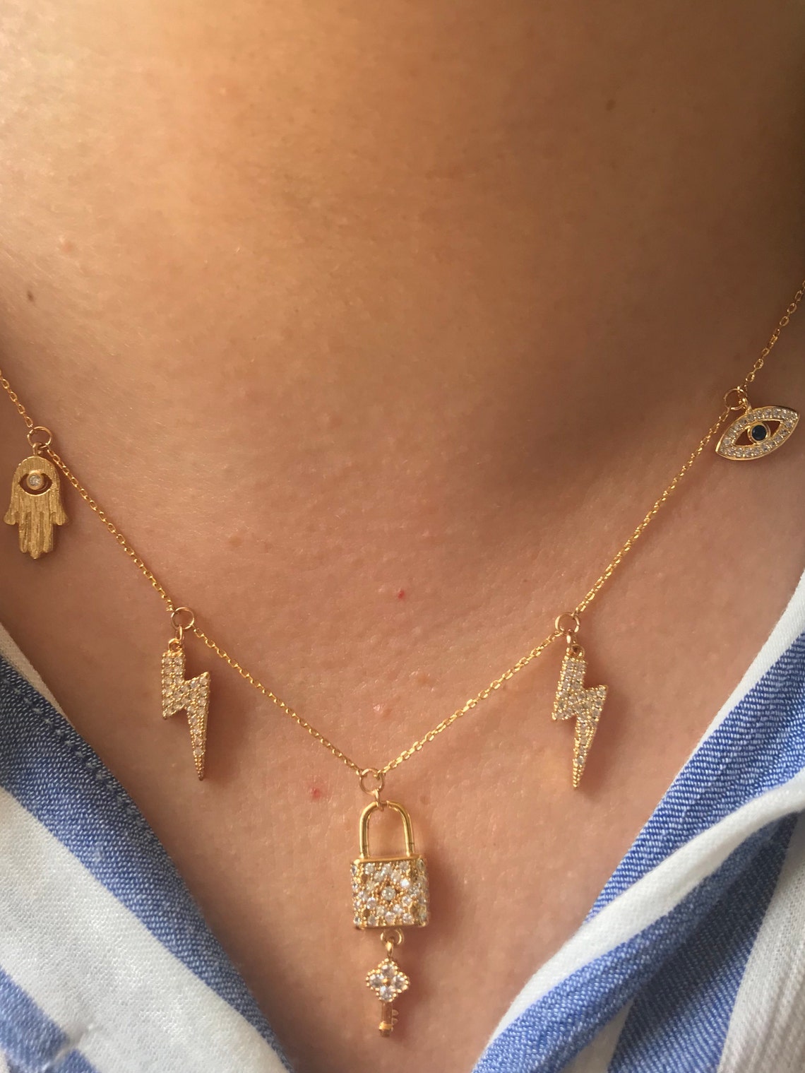 Multi Charm Necklace, Evil Eye Necklace, Hamsa Necklace, Charm ...