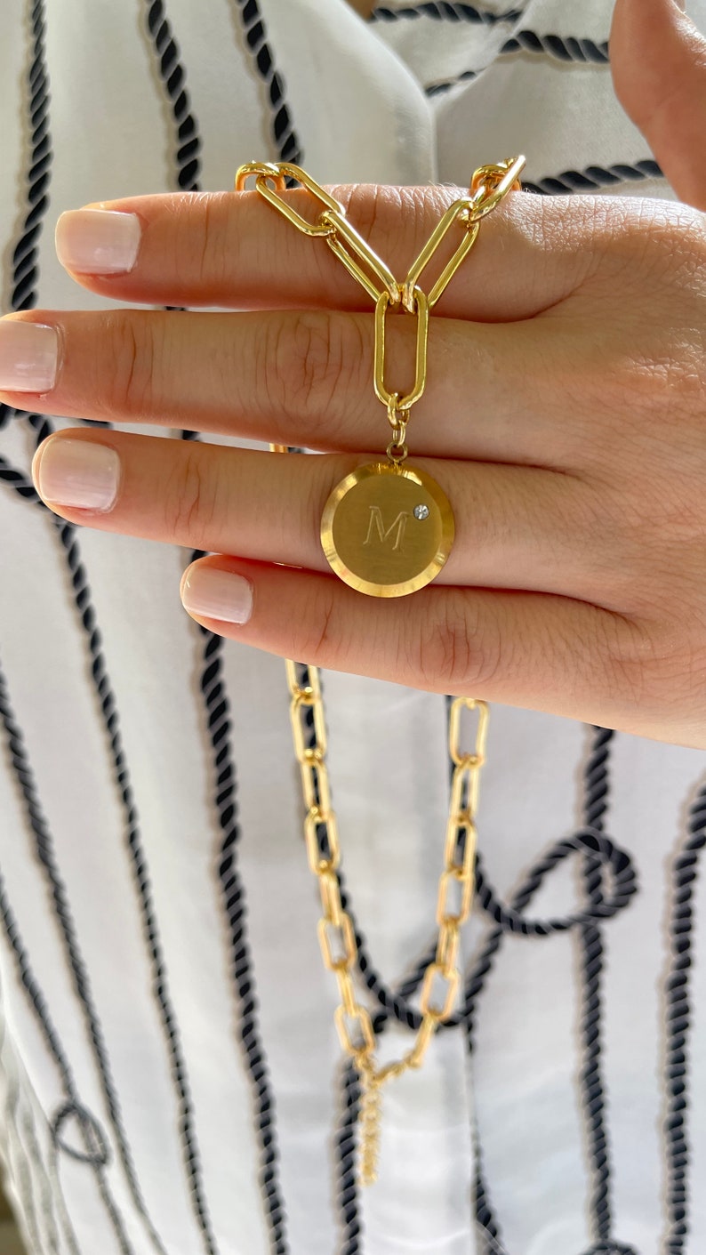 Coin Initial Necklace Gold Link Chain Initial Necklace Gold - Etsy