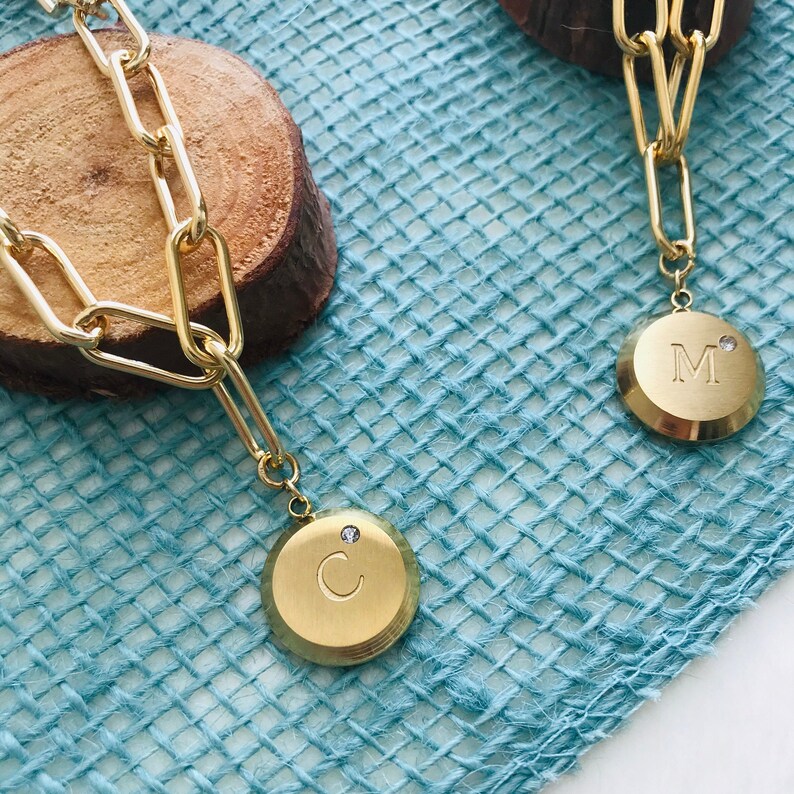 Coin Initial Necklace Gold Link Chain Initial Necklace Gold - Etsy