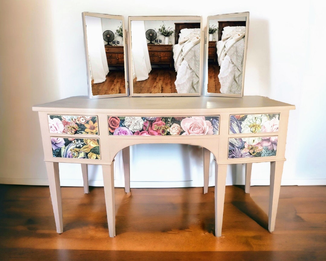 Blush Pink Floral Vintage Edwardian Style Upcycled Dressing Table and ...