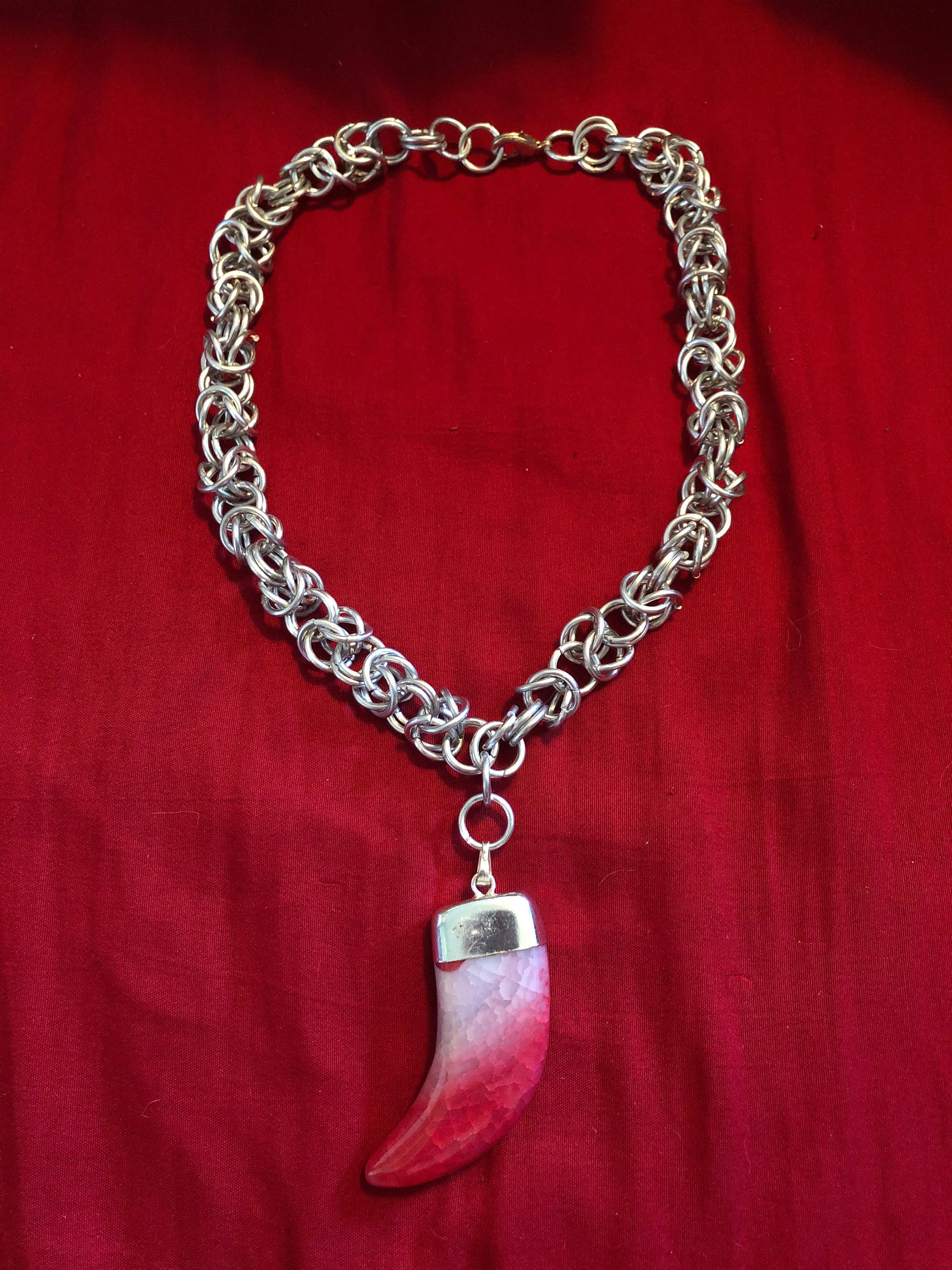Silver Chainmail Necklace W/stone Claw Pendant - Etsy