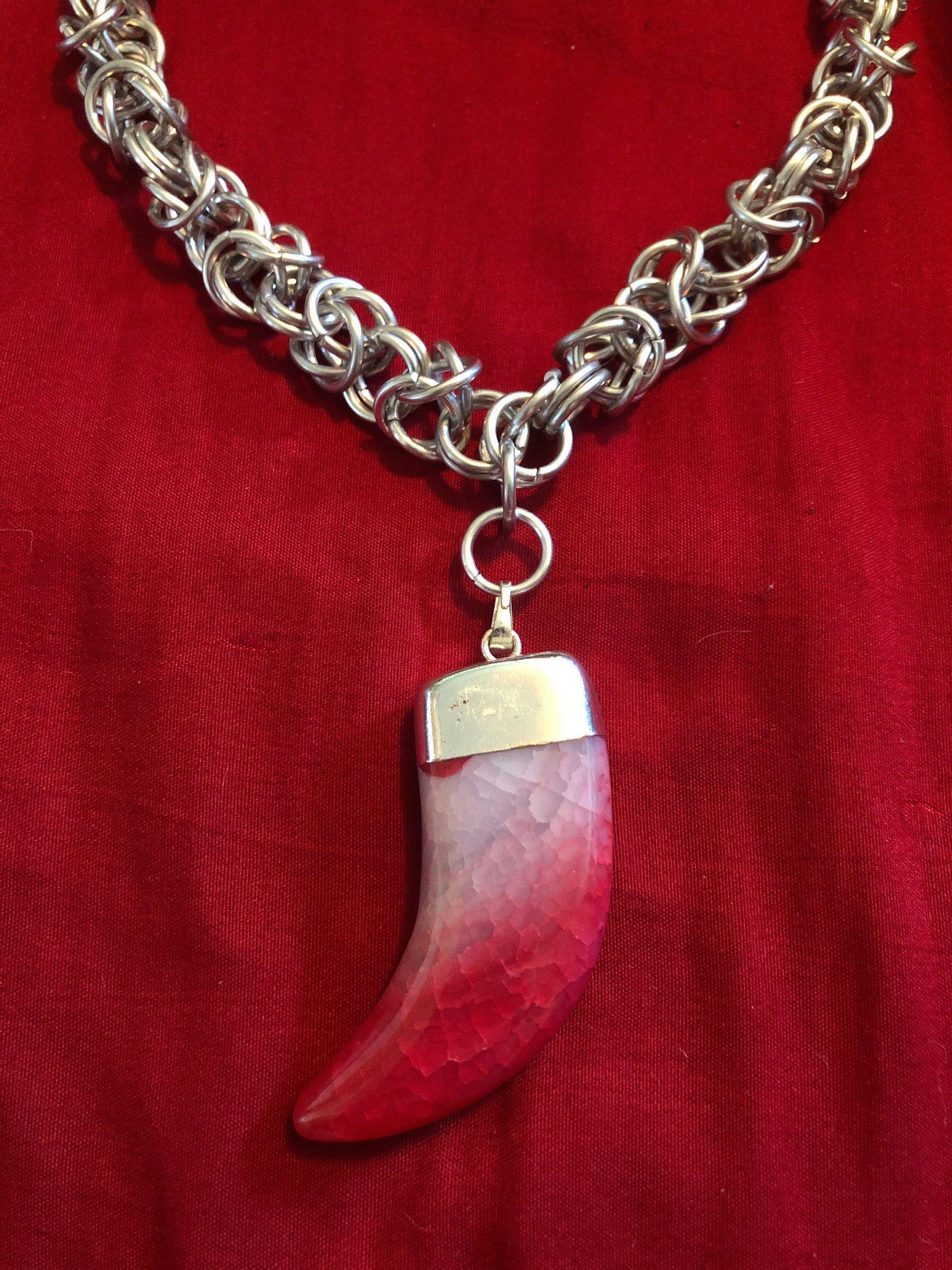 Silver Chainmail Necklace W/stone Claw Pendant - Etsy