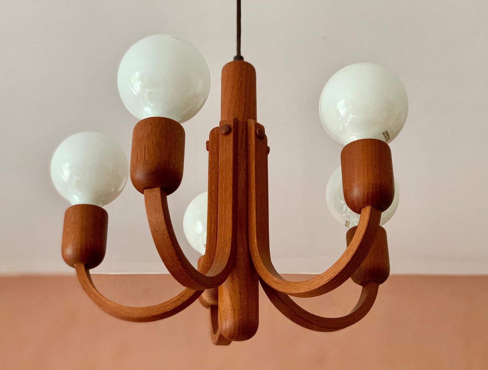 Domus Chandeliers Teak Wood Lamp 60's Midcentury 5 Lightbulb, Vintage ...