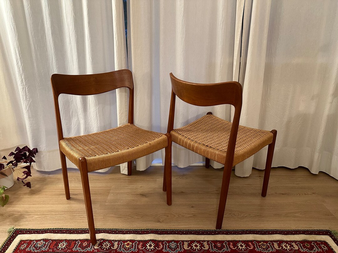 1 of 5 Danish Chairs, Teak Wicker Seat, Made in Denmark, Mid-century ...
