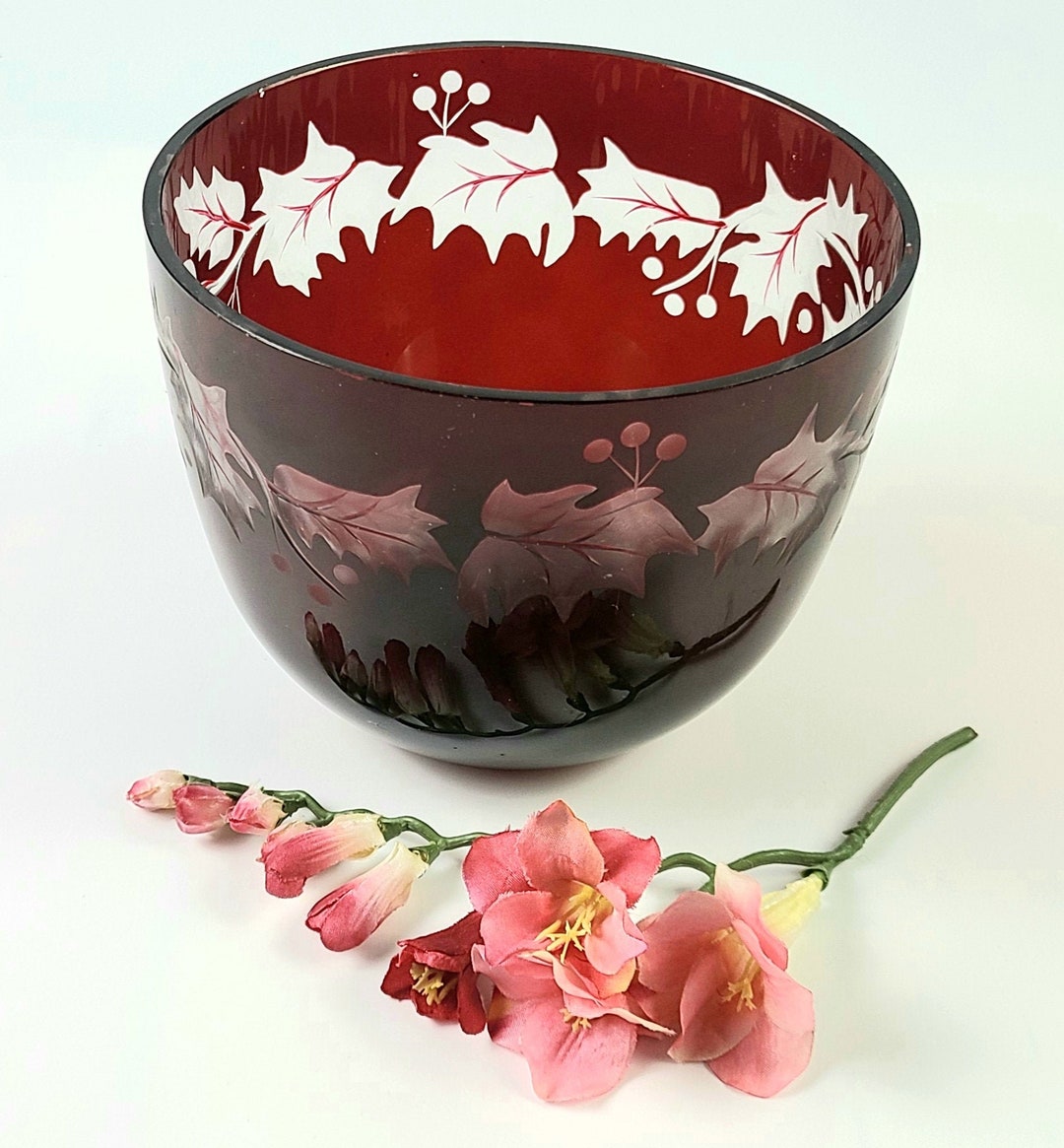 Vintage - Great Condition - Ruby Red Bowl Etched Grapes Design ...