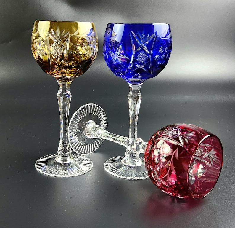 Vintage Set of 3 Beyer Bleikristall BEZ1 Multi-color Cut-crystal Wine ...