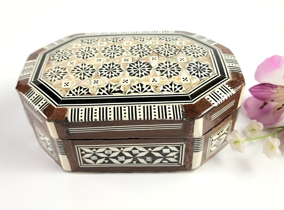 Vintage- 5 1/4"l - Middle Eastern Octagon Wooden Trinket Box - Handmade ...