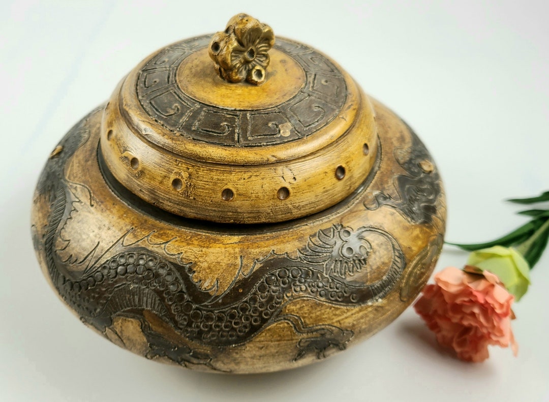 Vintage Signed Porcelain/ Earthenware-hand-painted Dragon Dish With Lid ...