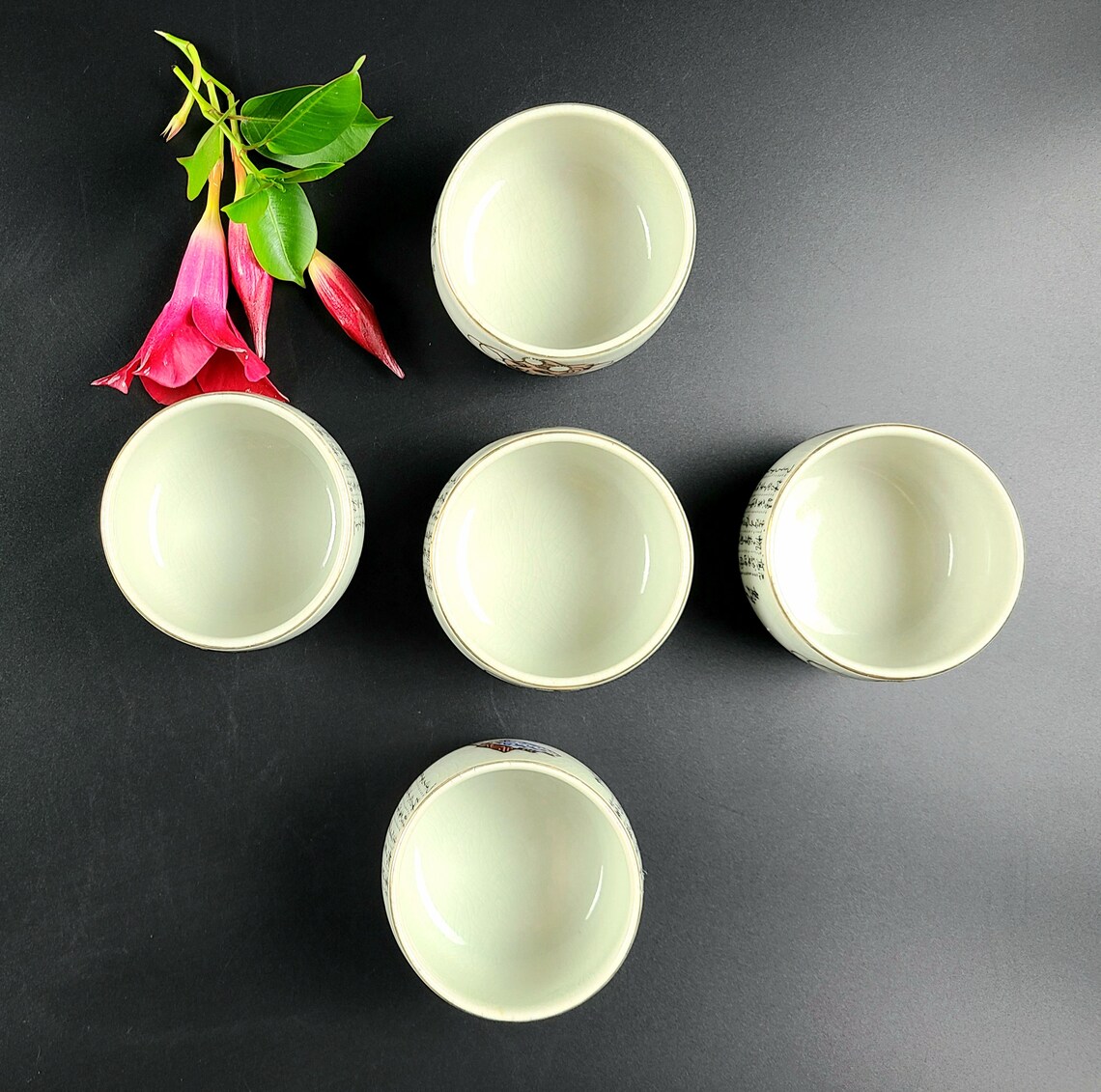 Vintage Japanese Kutani Tea Cups with Calligraphy Set of 5 | Etsy