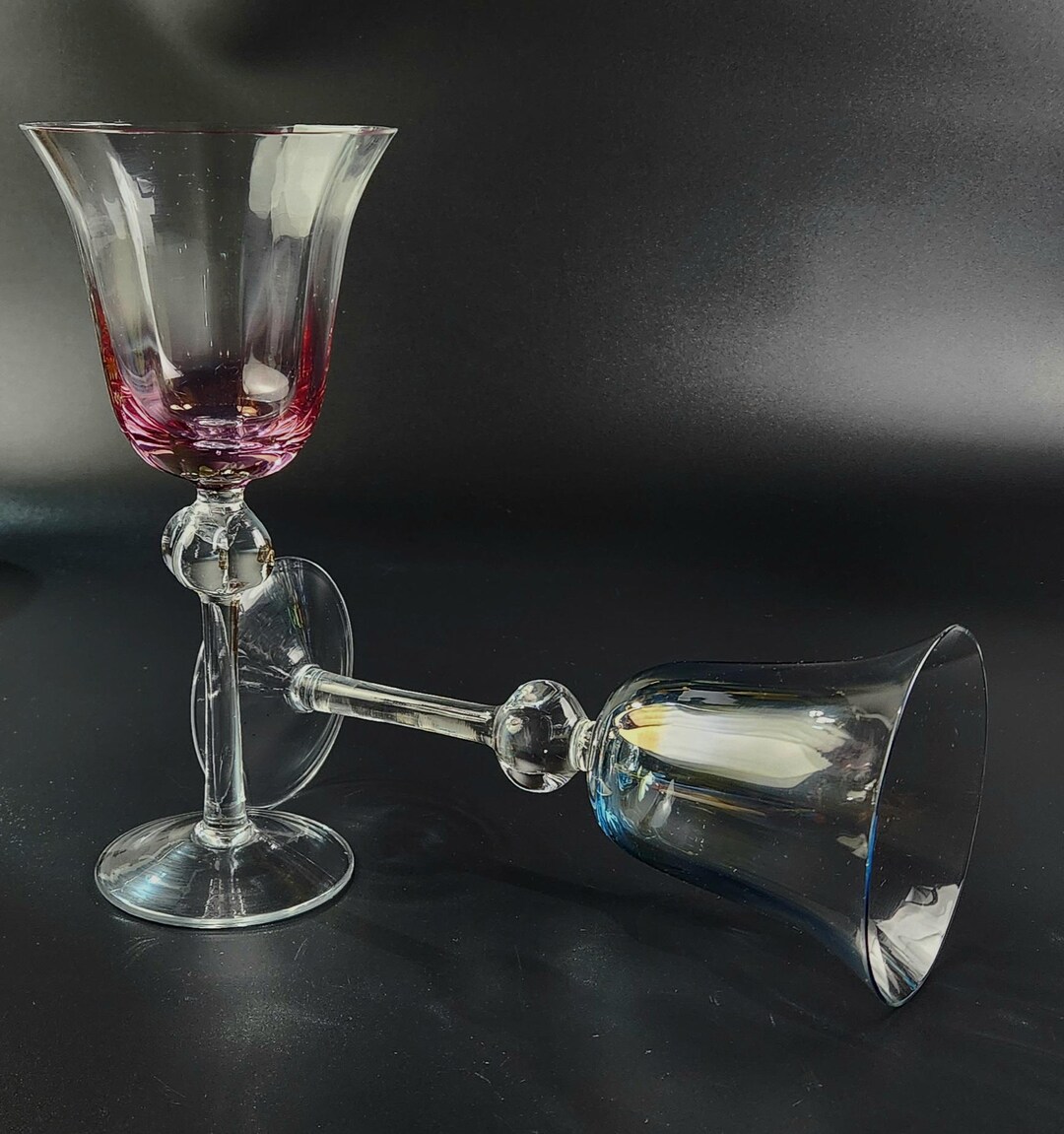 Vintage Romania Wine Glasses - Tulip Shaped Bowls - Pink & Blue ...