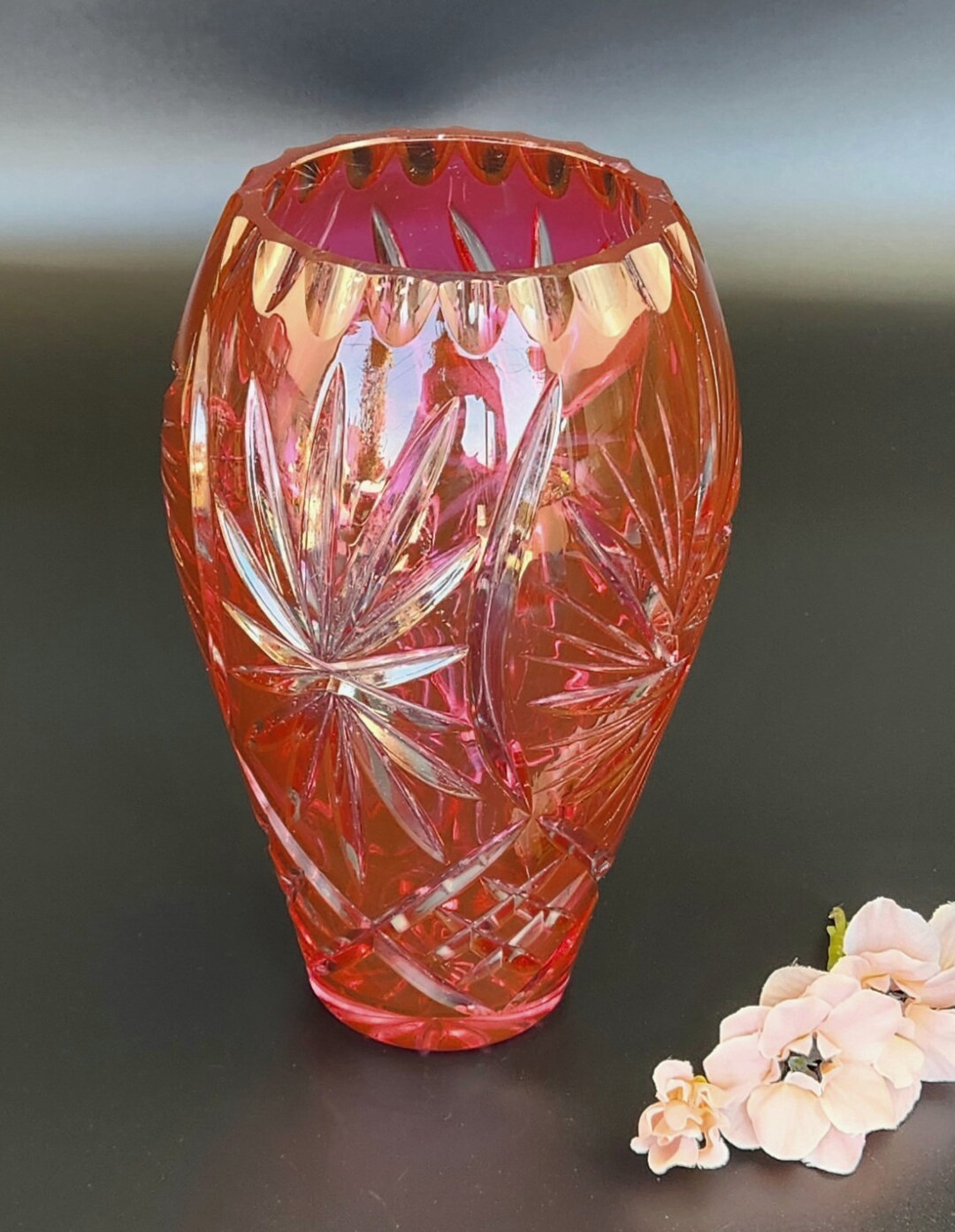 Vintage Bohemian Cranberry Cut to Clear Crystal Vase 8 1/4 Tall - Etsy