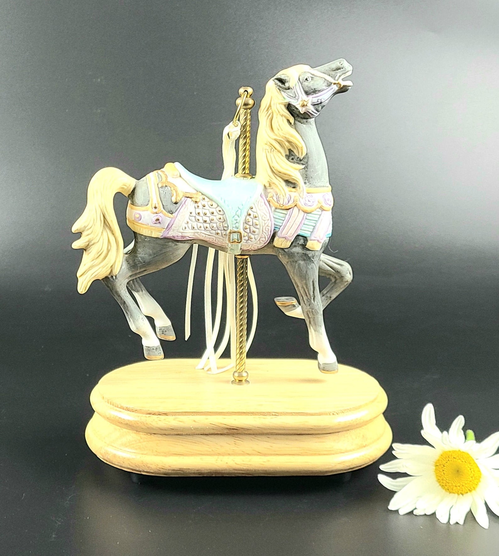 Vintage Carousel Horse Figurine on Brass Pole & Wooden Stand | Etsy
