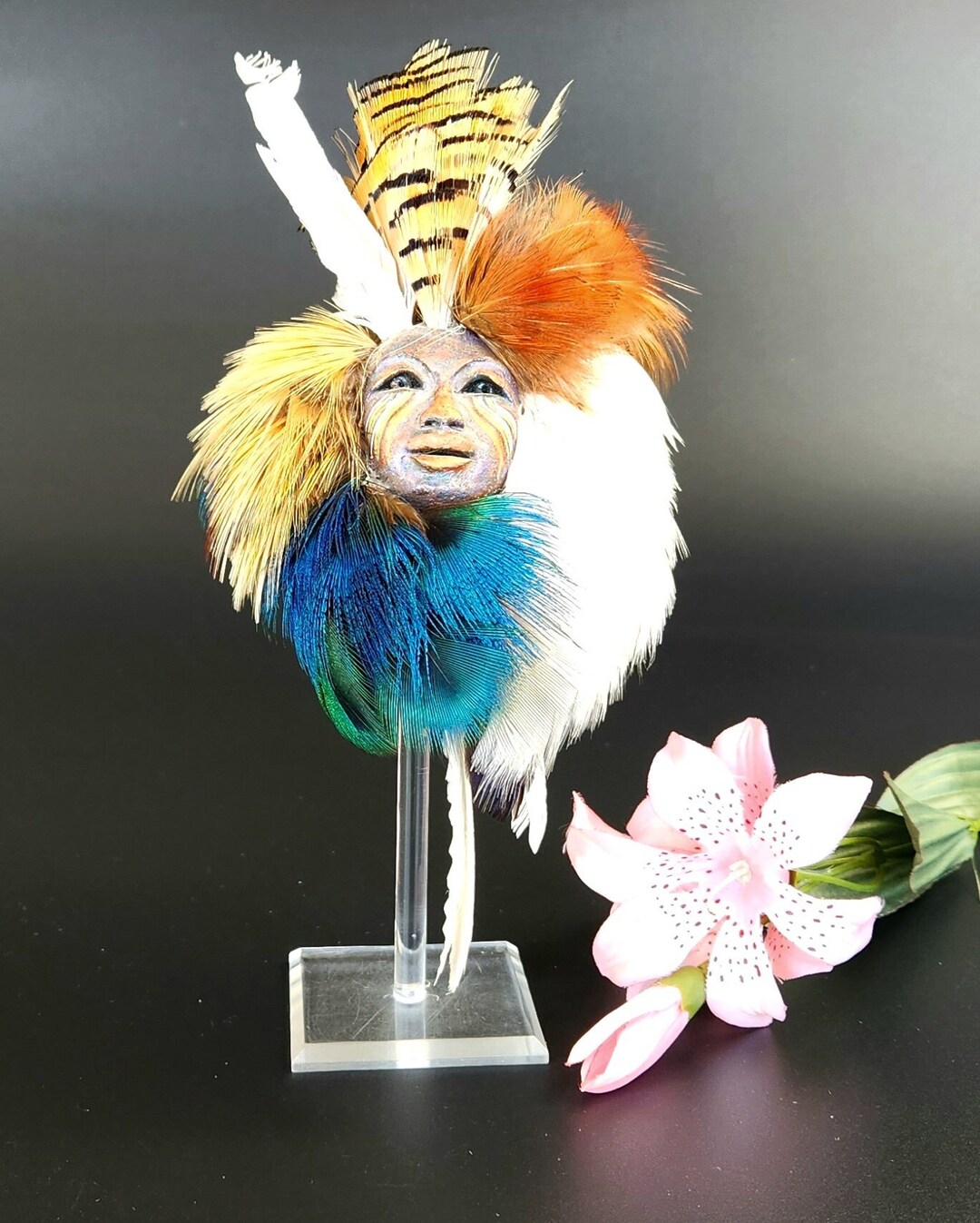Vintage Mask With Bird Feathers- Plastic Stand - 8 1/4" Tall - Etsy