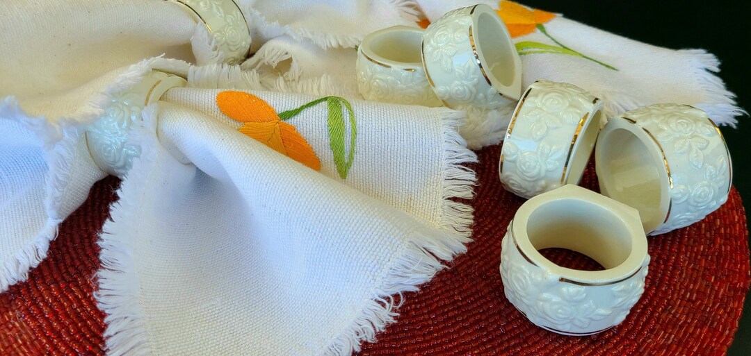 Vintage - Set of 7 - Porcelain Napkin Rings - Ivory Color - Rose Floral ...