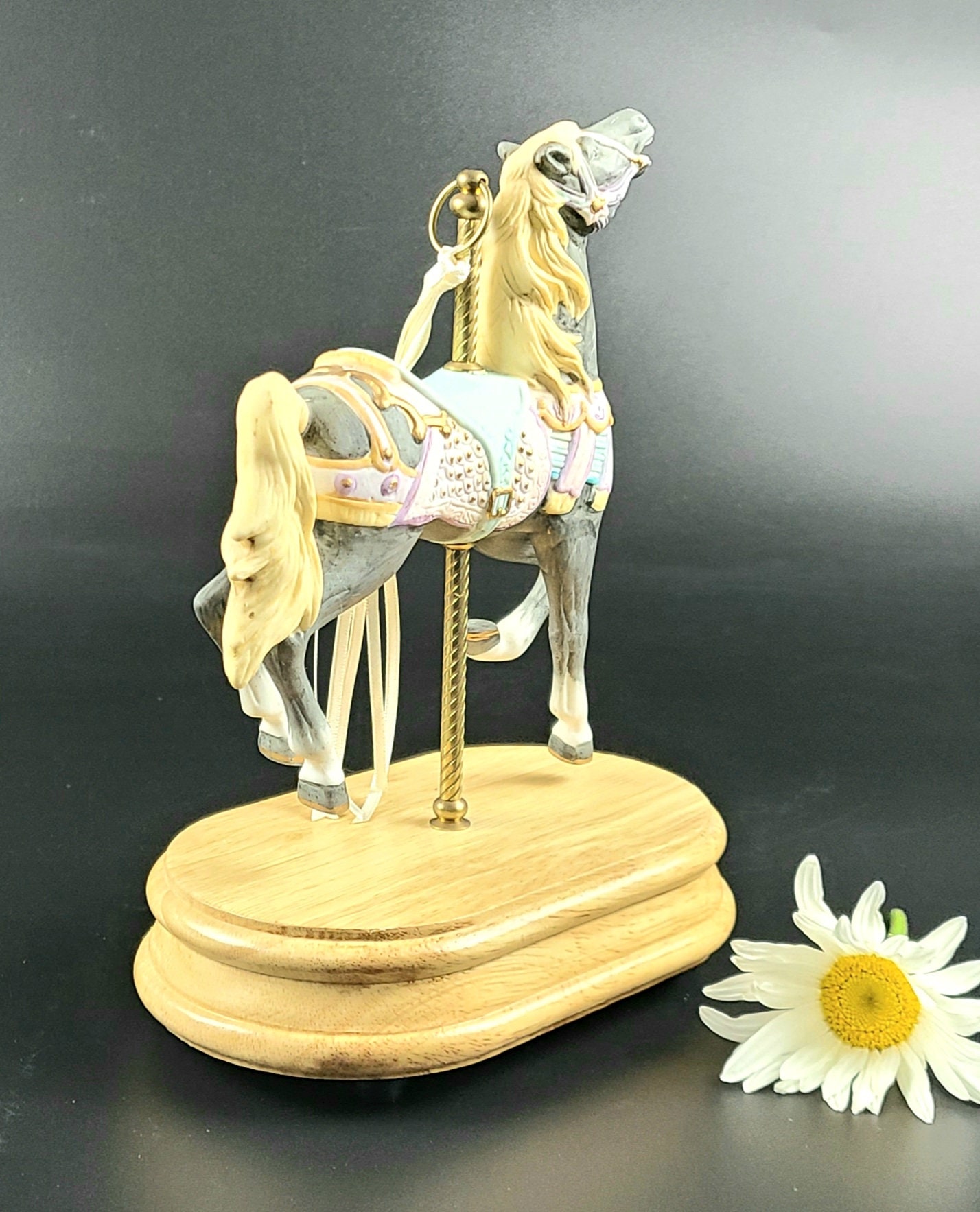 Vintage Carousel Horse Figurine on Brass Pole & Wooden Stand | Etsy