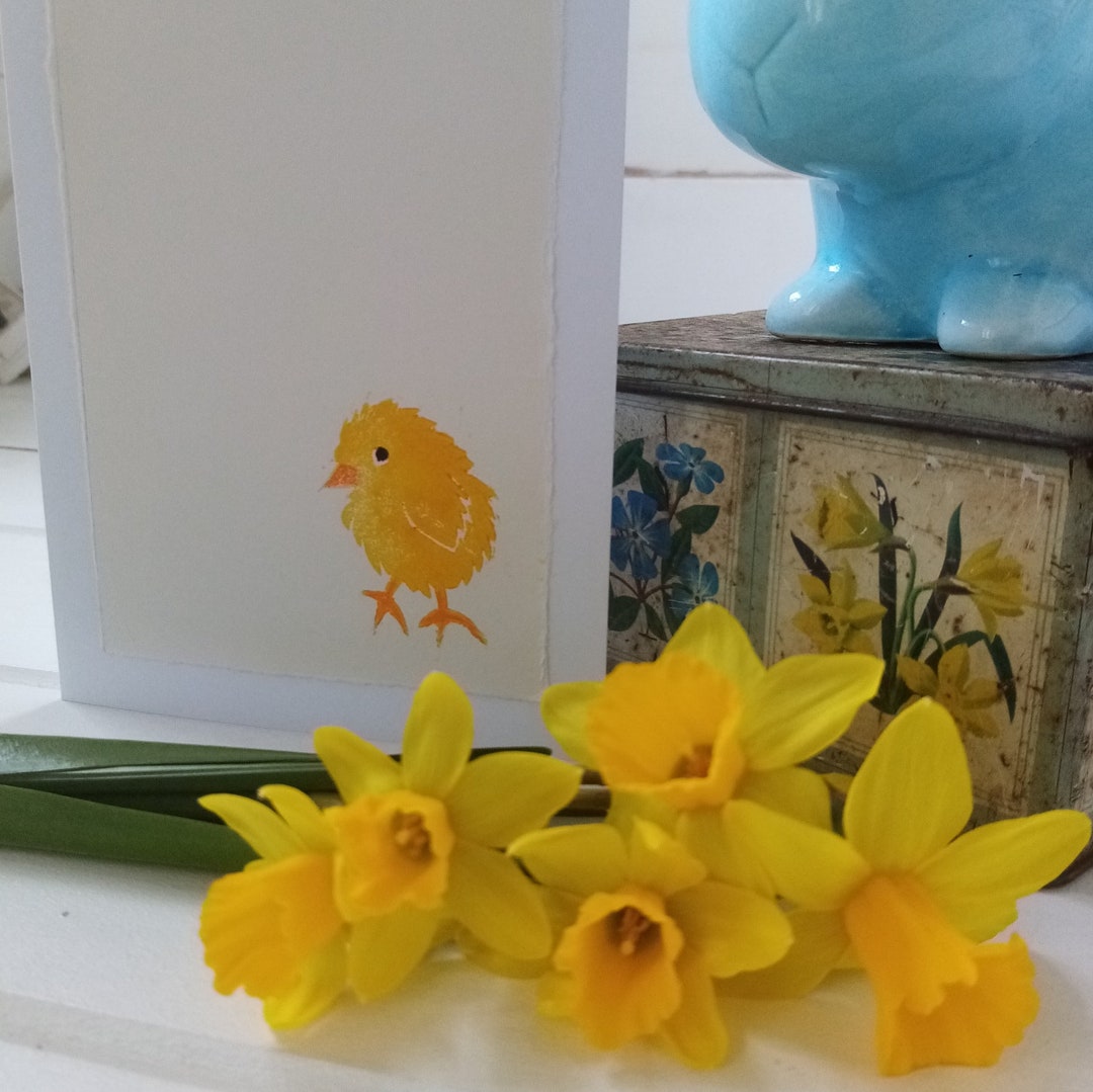 Easter Chick Card, Cute Linocut Print of a Handprinted Yellow Chick ...