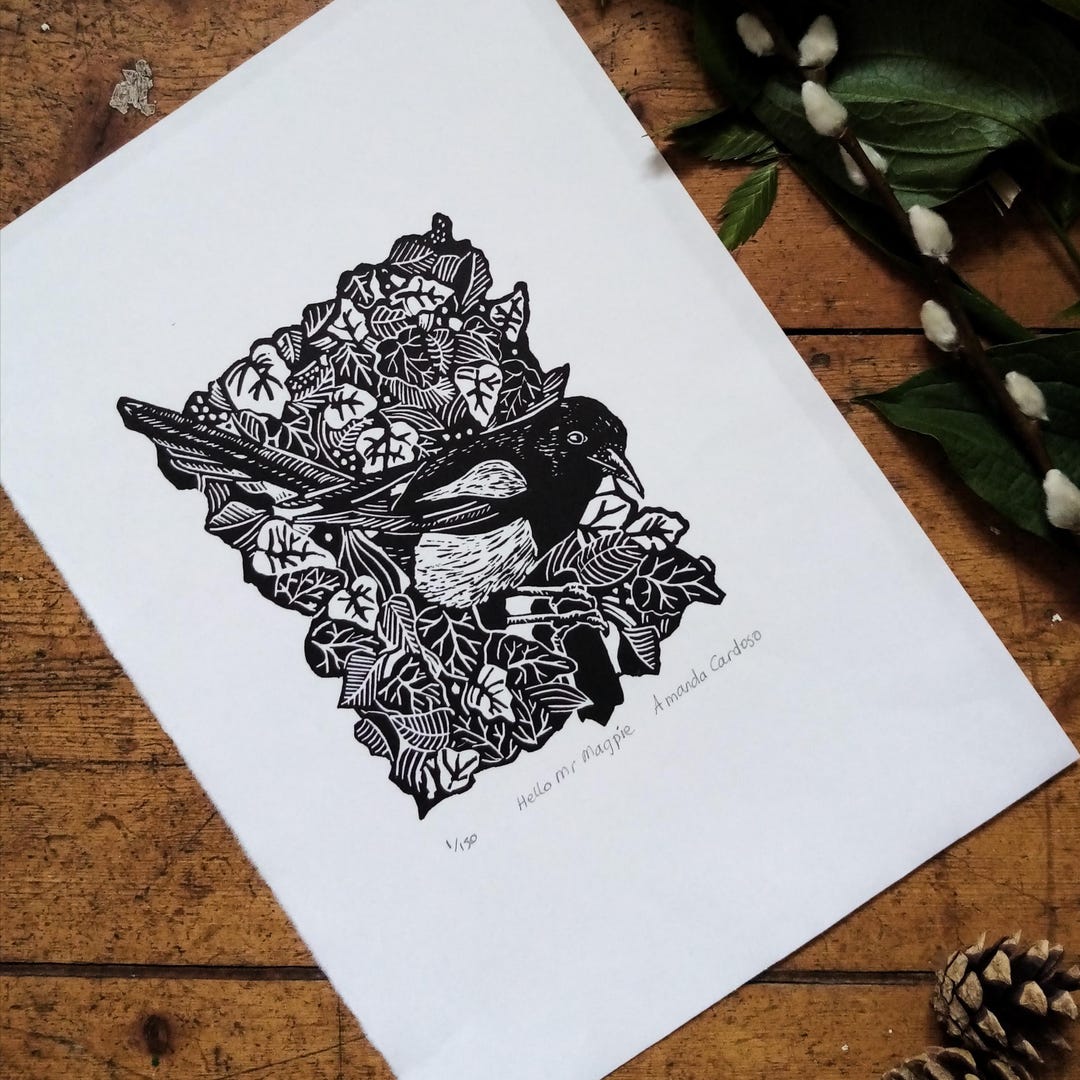 Magpie Print Linocut. Folklore Corvid Art From Exhibiting UK Artist ...