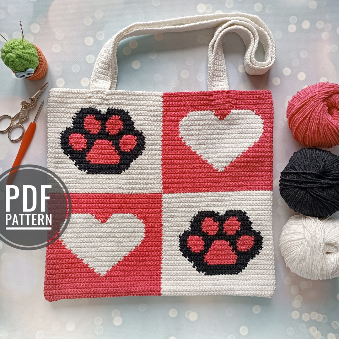 Crochet Tote Bag Pattern: Intarsia Heart & Paw Print (PDF Pattern) - Etsy