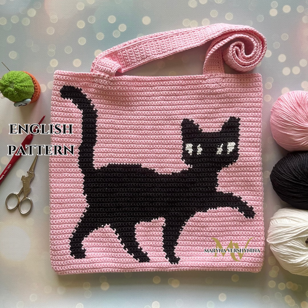 Cute Cat Bag Pattern, Crochet Tote Bag Pattern, Crochet Black Cat ...