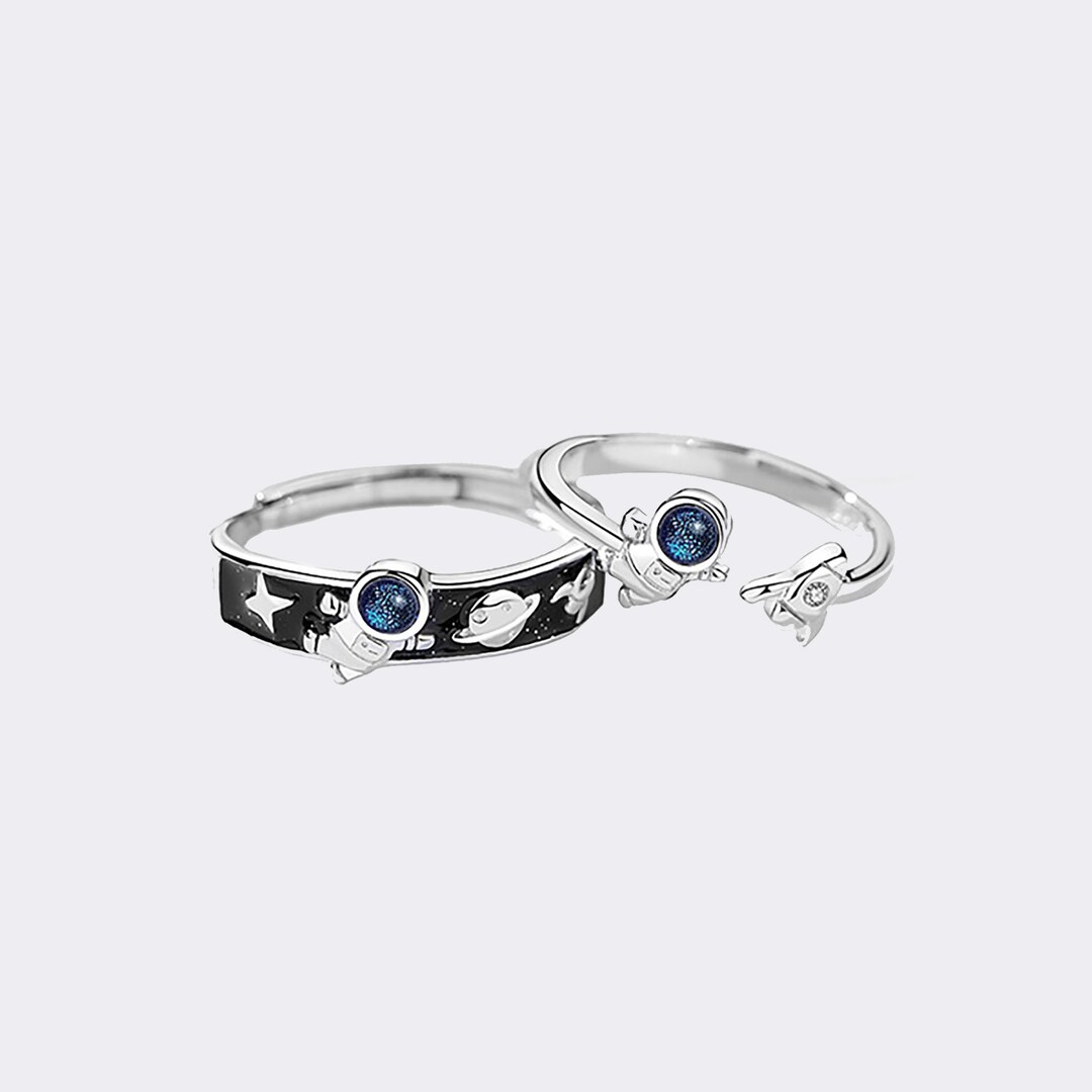 Couple Rings With Spacemenrocket Ships and Stars Ringlover - Etsy