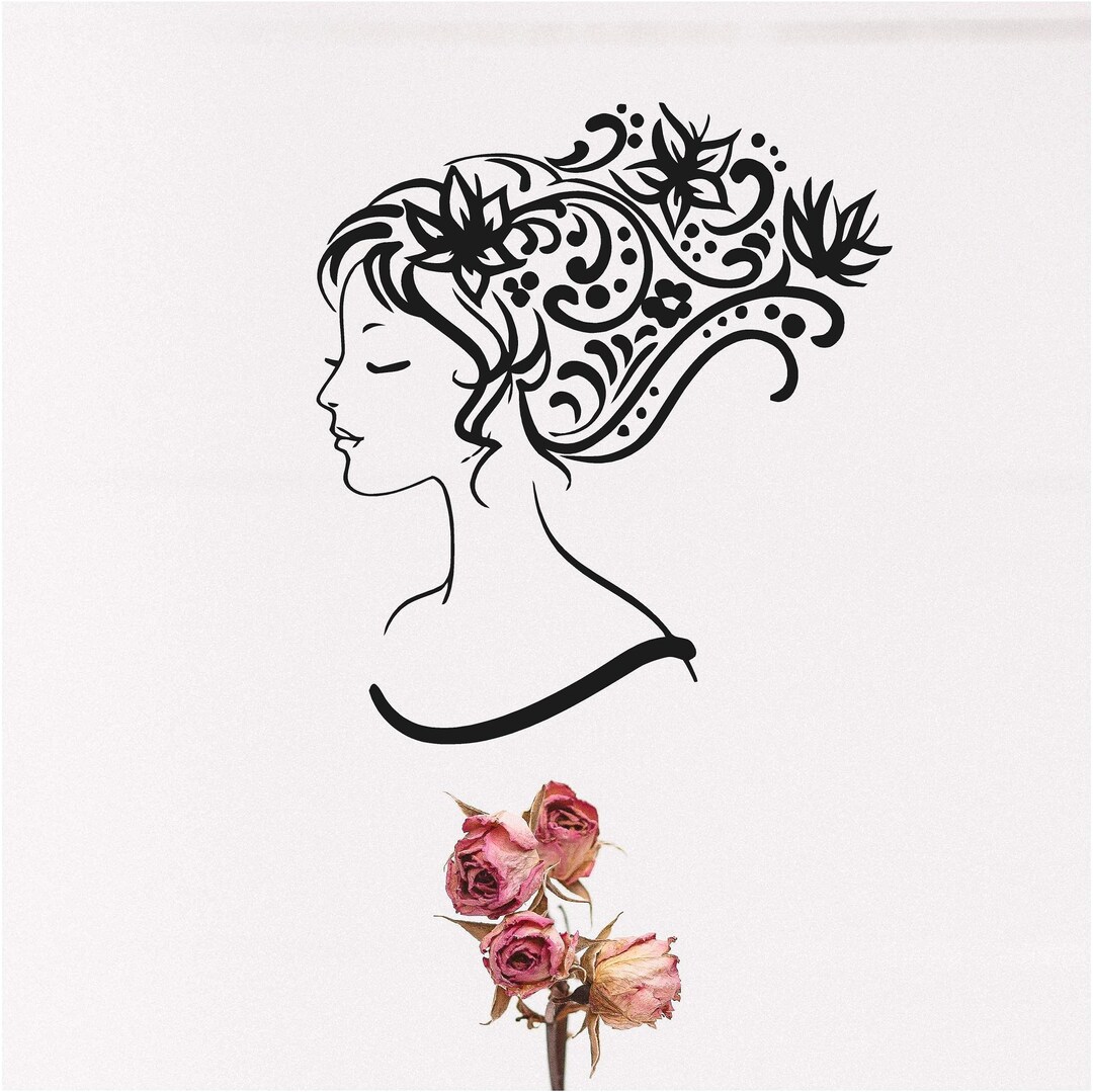 Art mural en vinyle Dame aux cheveux floraux, sticker, autocollant ...
