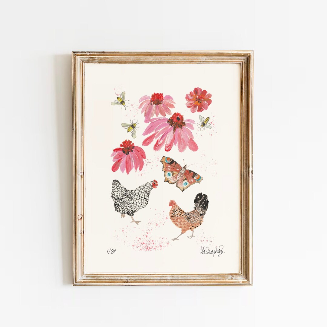 Chickens Art Print: Cottage Floral Decor, Limited Edition - Etsy