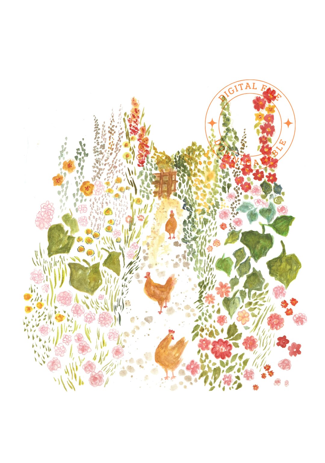 Country Garden Chickens Floral Print (digital Download) - Etsy