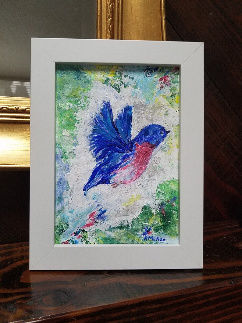 Original Bluebird Painting Acrylic Framed 5 X 7 Signed by Artist Blue ...