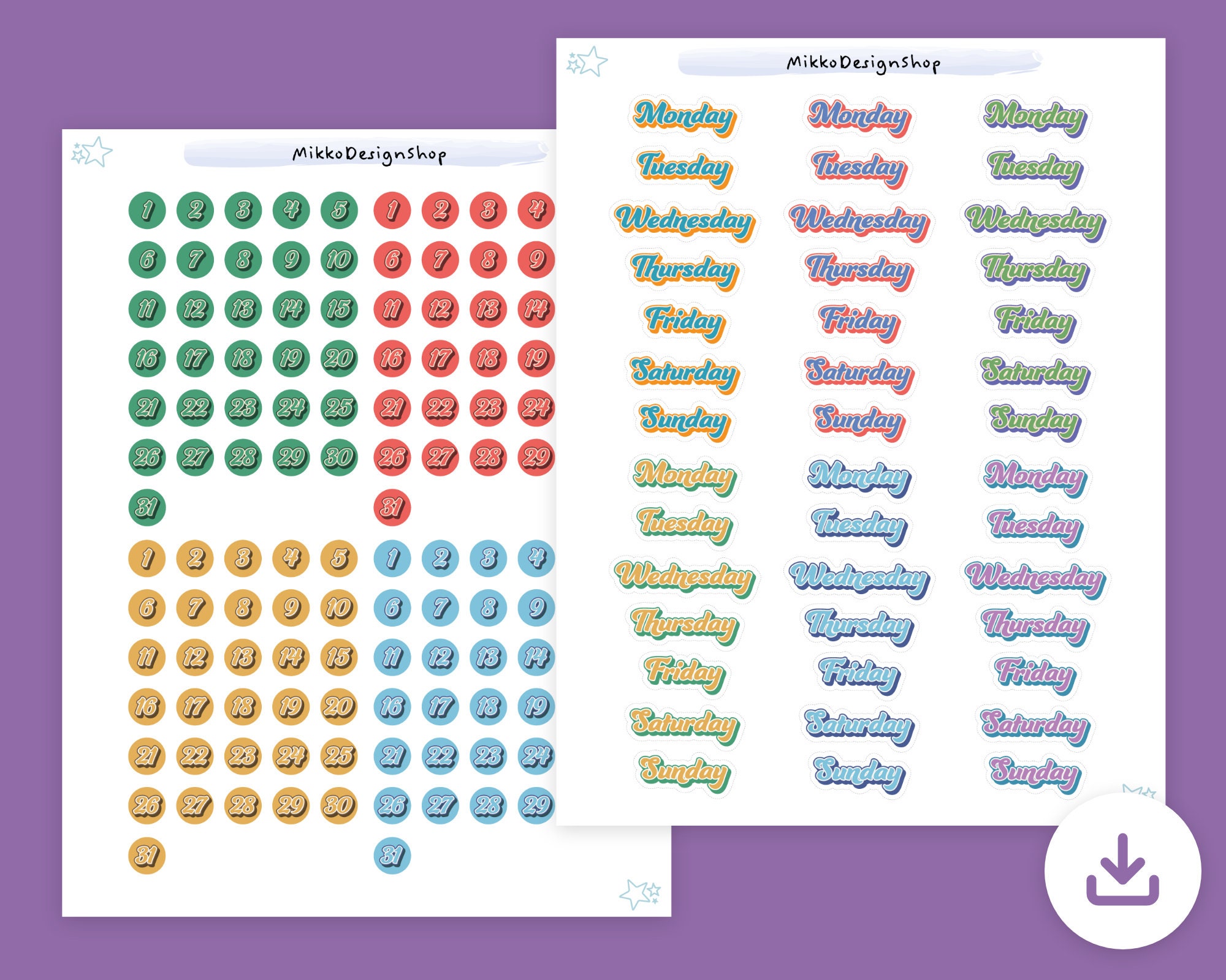 Retro Dates Printable Stickers Weekdays Digital Stickers - Etsy