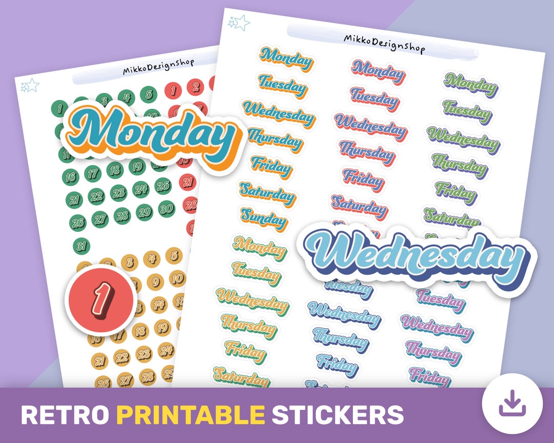 Retro Dates Printable Stickers Weekdays Digital Stickers - Etsy