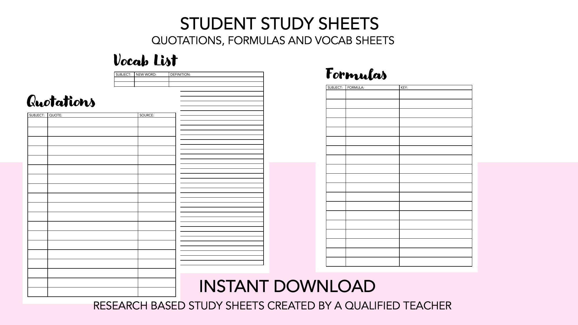 Student Study Sheets Printable Download / Back to School | Etsy